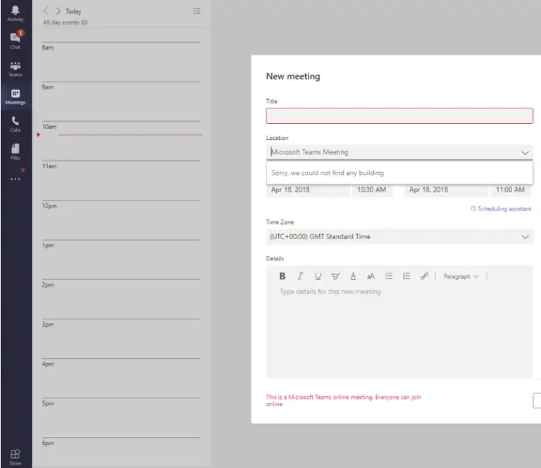 Microsoft Teams Meeting, Sorry, we could not find any building ...